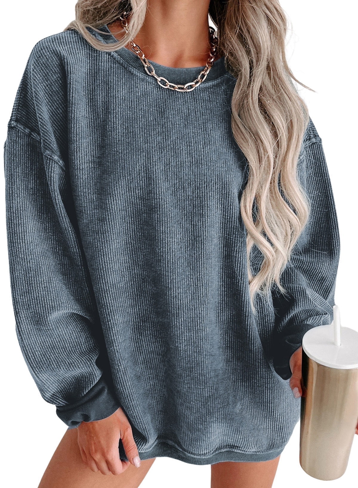 Eytino Womens Sweatshirt Oversized Casual Crew Neck Loose Corduroy ...