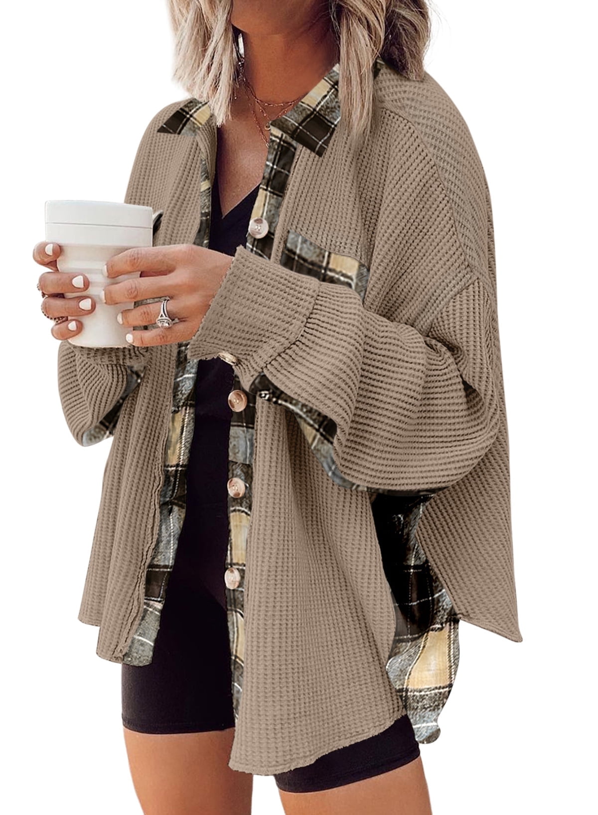 Eytino Womens Shacket Waffle Knit Plaid Shacket Jacket Oversized ...