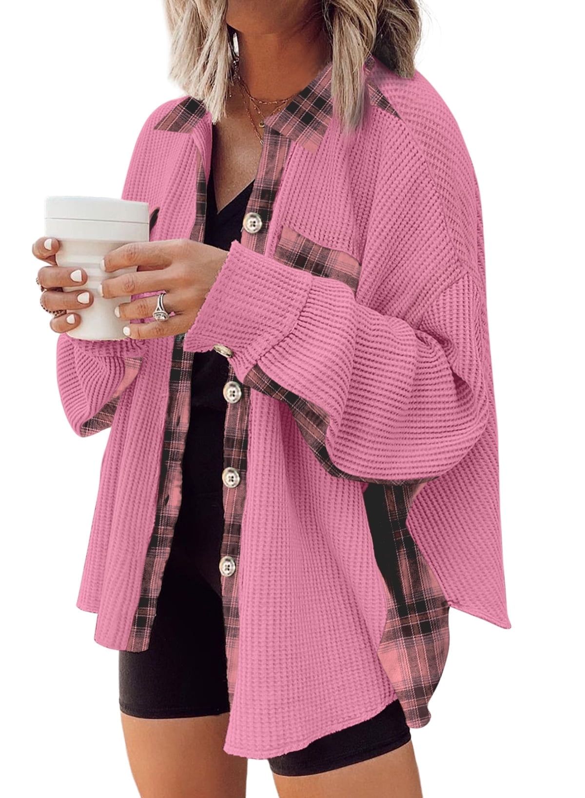 Eytino Womens Plaid Shacket Waffle Knit Button Down Shirts Casual Long ...
