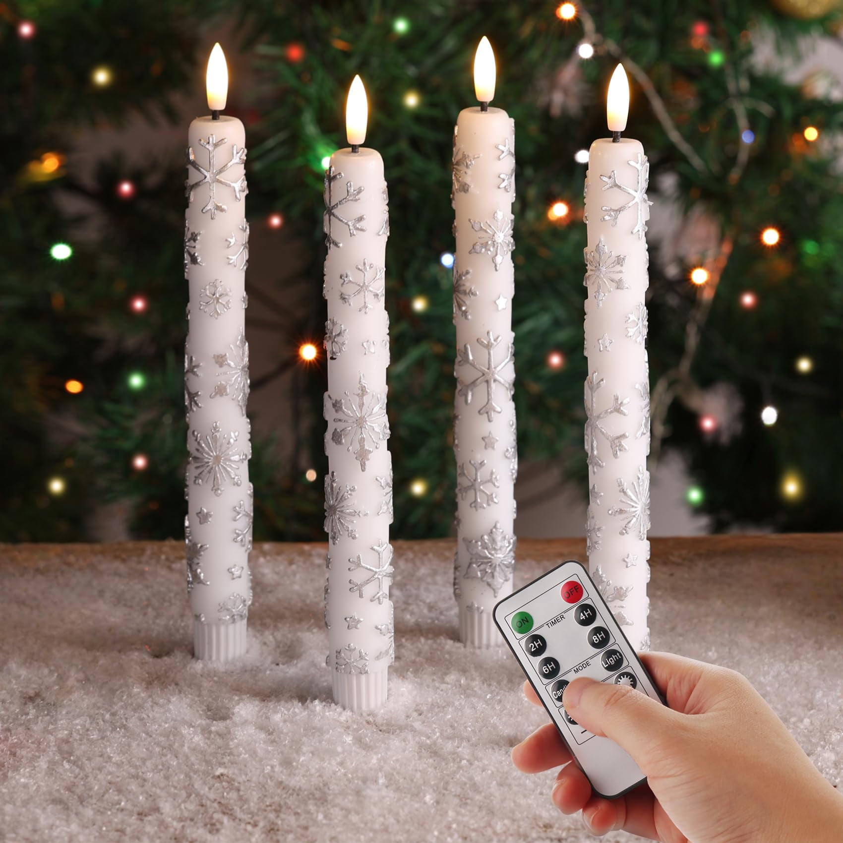 Eywamage White Snowflakes Christmas Flameless Taper Candles with Remote ...
