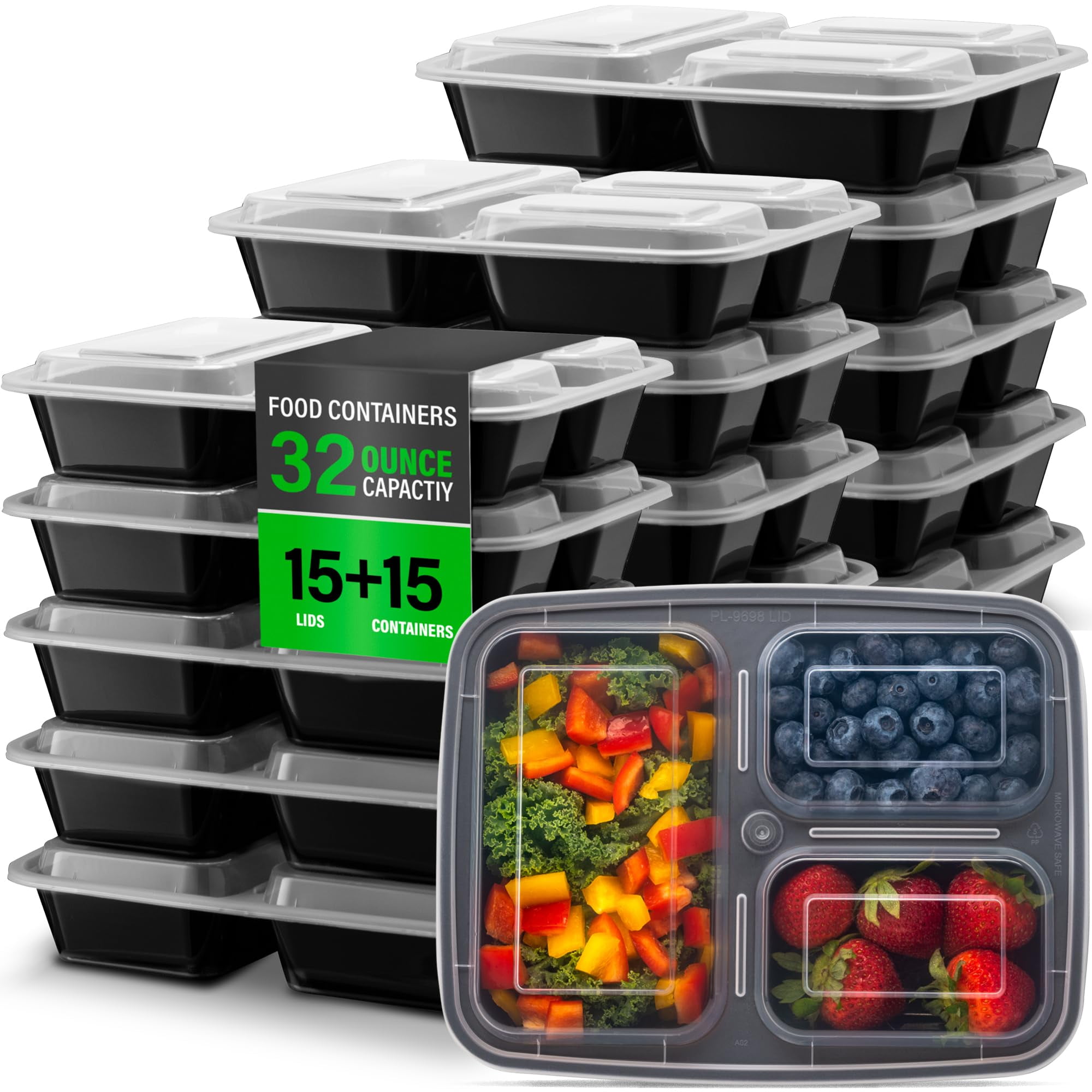 Ez Prepa 15 Pack 32oz 3 Compartment Meal Prep Containers with Lids ...