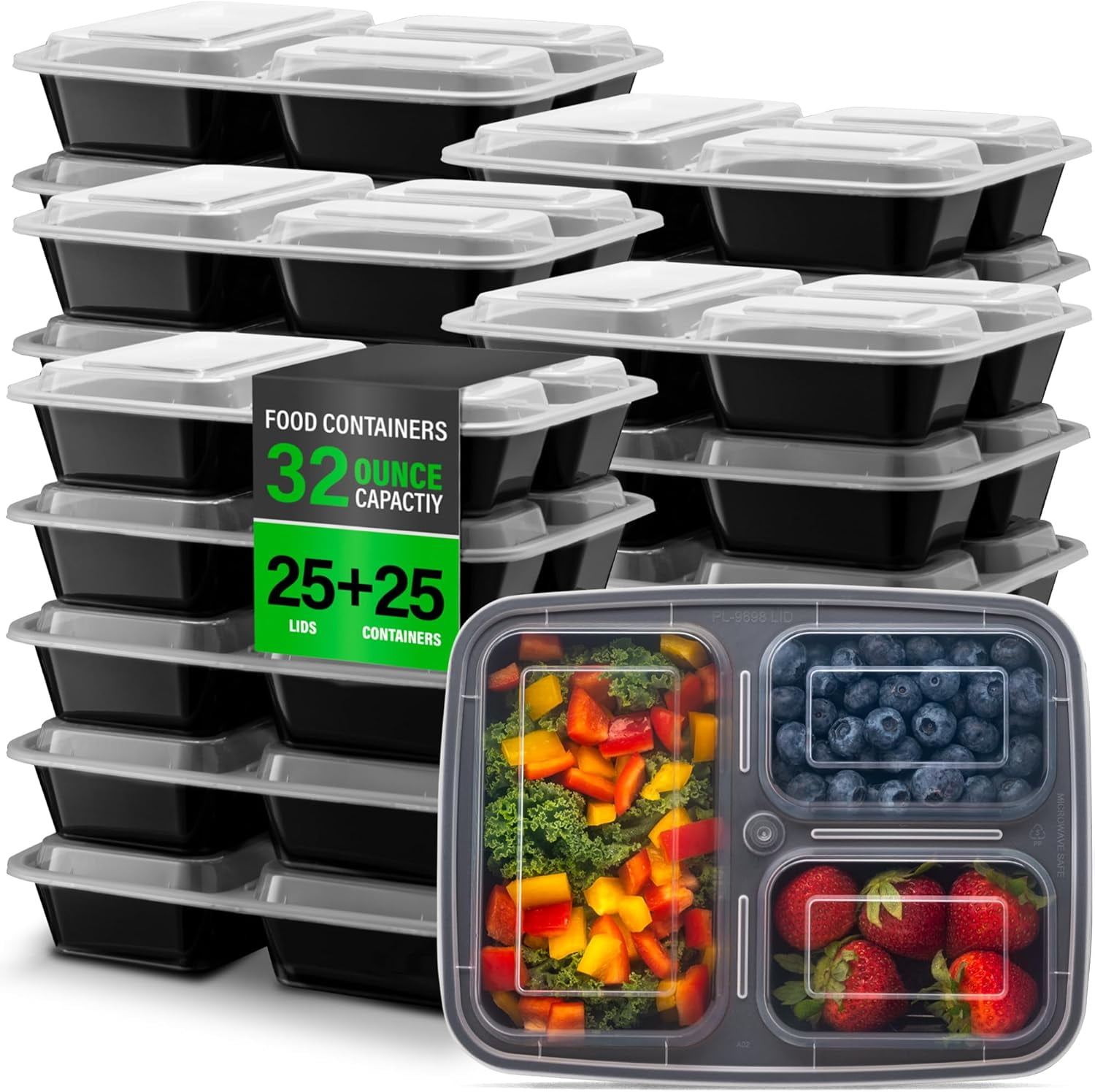 Ez Prepa 25 Pack 32oz 3 Compartment Meal Prep Containers with Lids ...