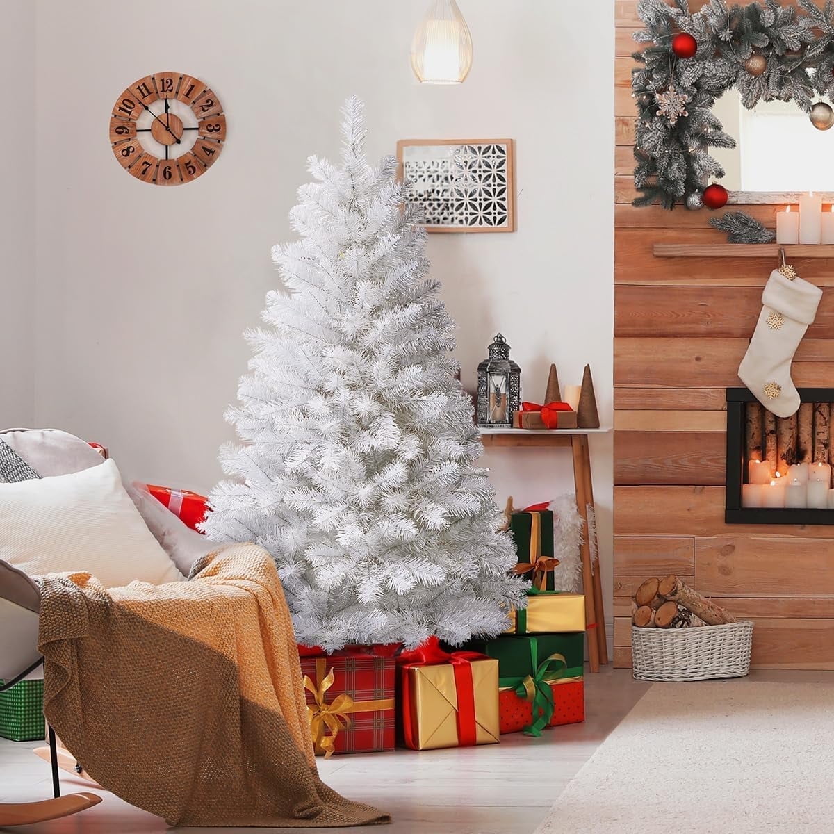 Ezcheer 4.5FT Pre-lit White Christmas Tree with 150 Warm Lights & 330 ...