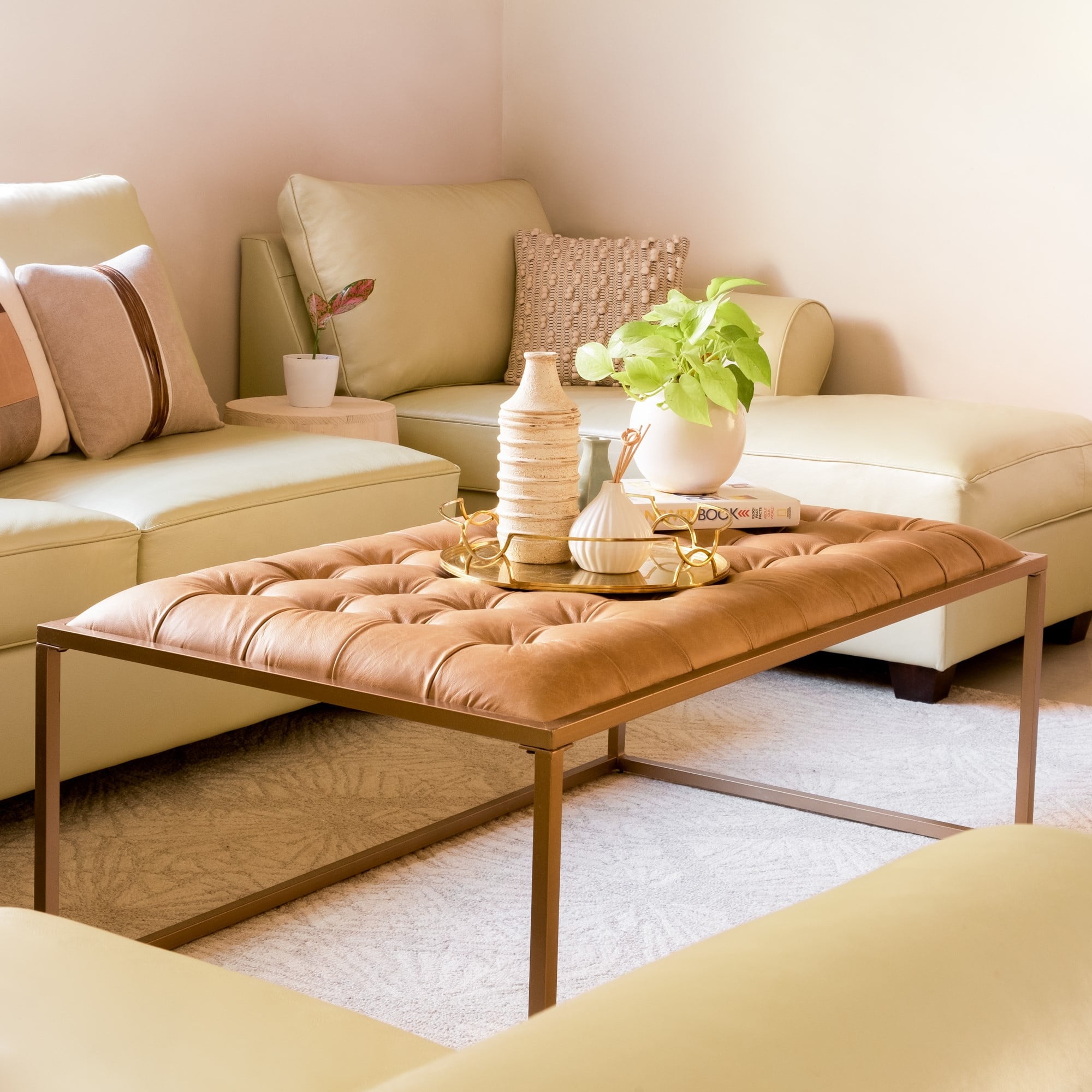 Ezra Tufted Coffee Table in Cream Leather - Walmart.com