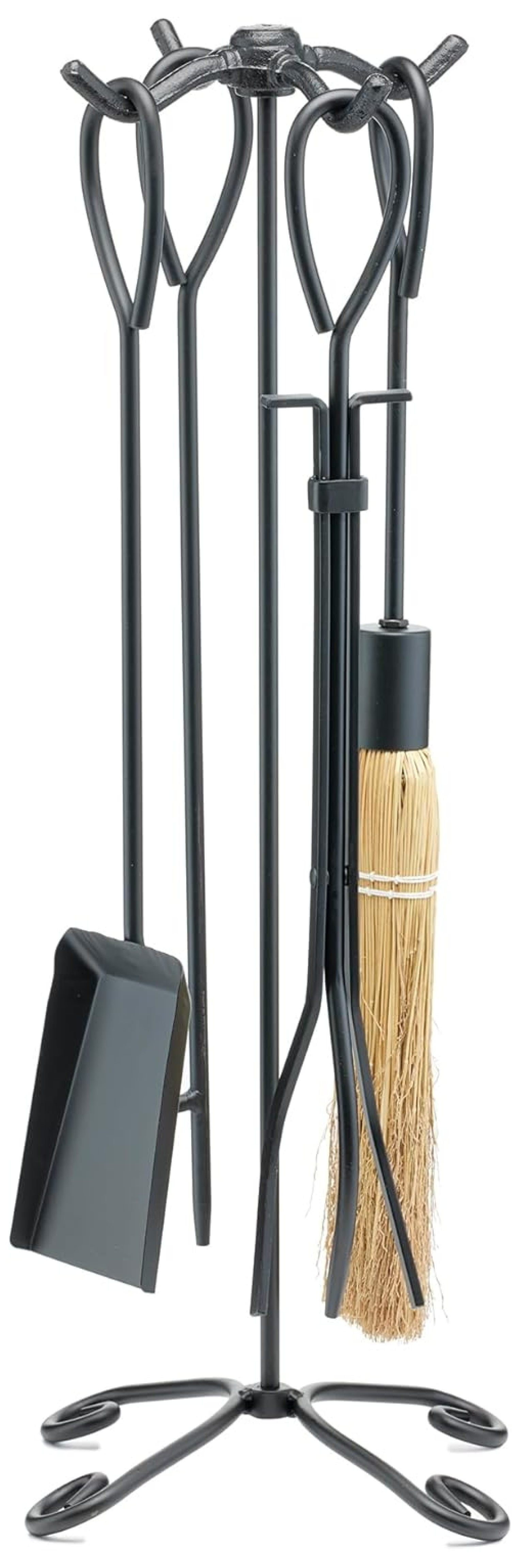 , F-1187B, 5-Piece Black Wrought Iron Fireplace Tools Set with Ring ...