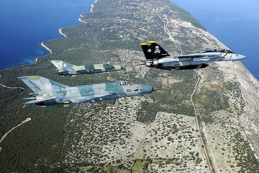 F-14 Tomcat W/ MIG-21 in Flight - 12x18 Inch Laminated Aviation Poster ...