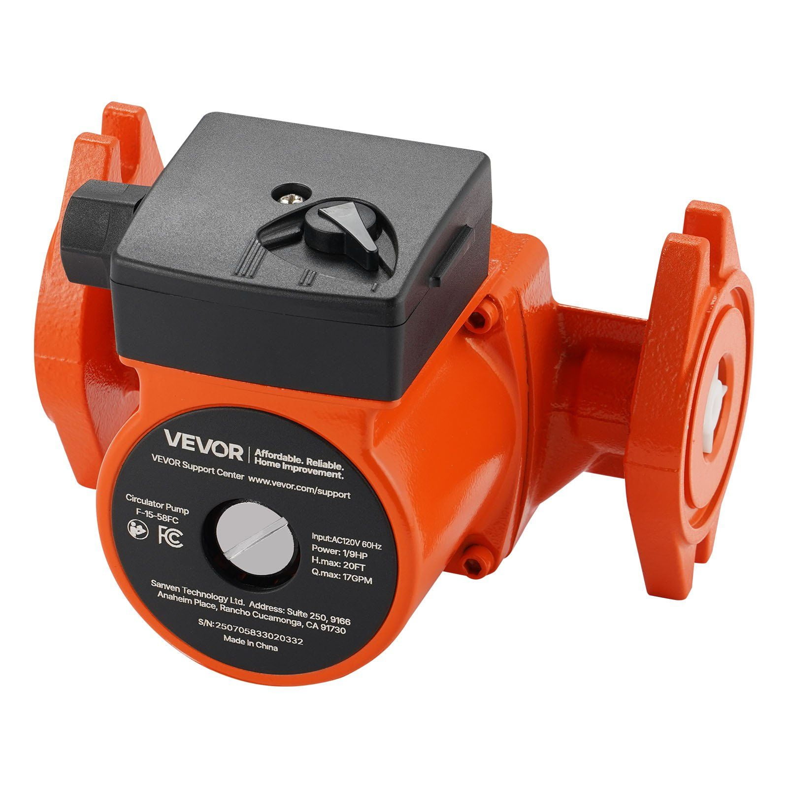 F-15-58FC Cast Iron Circulator Pump, 17 GPM, 120V AC, 20ft Head, 1-Inch ...