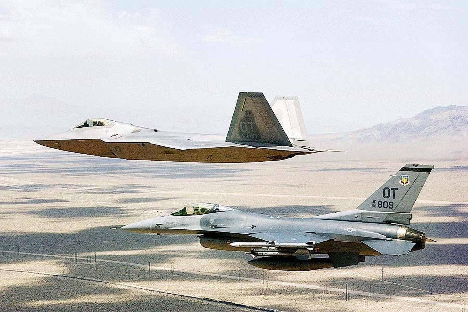 F-22 Raptor & F-16 Falcon Fighters - 24x36 Inch Glossy Laminated ...