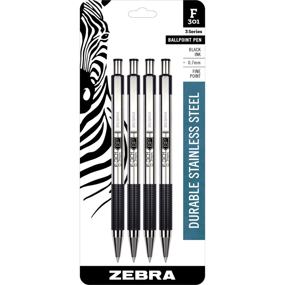 Zebra Pen F-301 Retractable Ballpoint Pen, 0.7mm, Black Ink, Stainless ...
