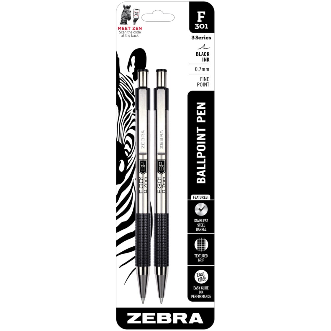 Zebra Pen F-301 Ballpoint Stainless Steel Retractable Ink Pens, 0.7mm ...
