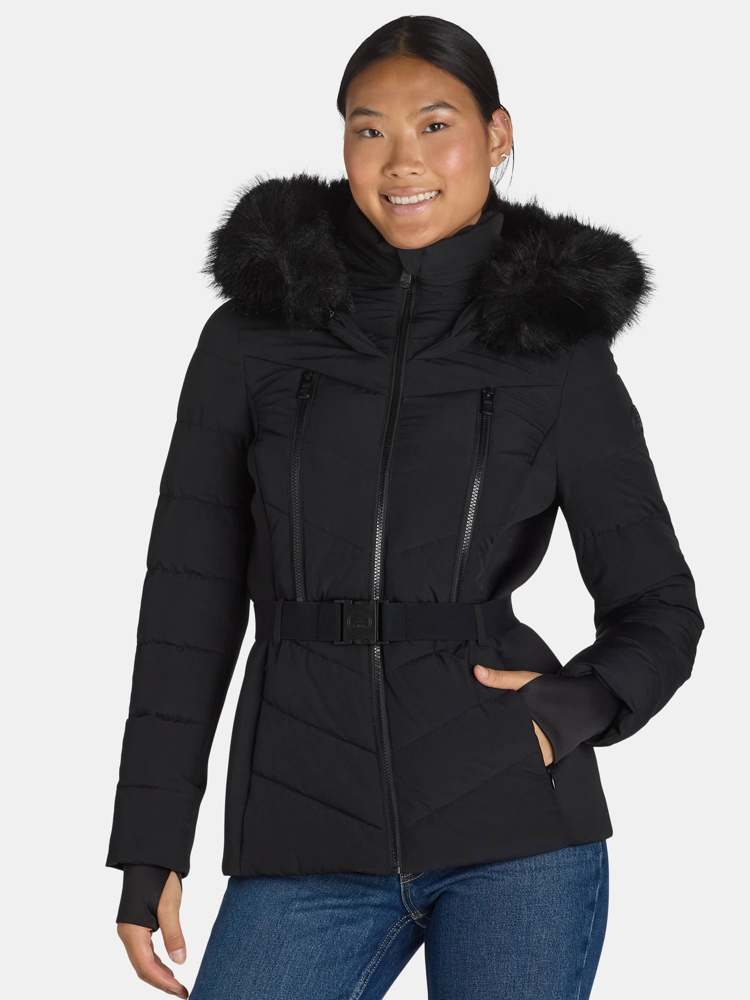 F.O.G. Women’s Belted Puffer Jacket with Detachable Faux Fur Hood ...