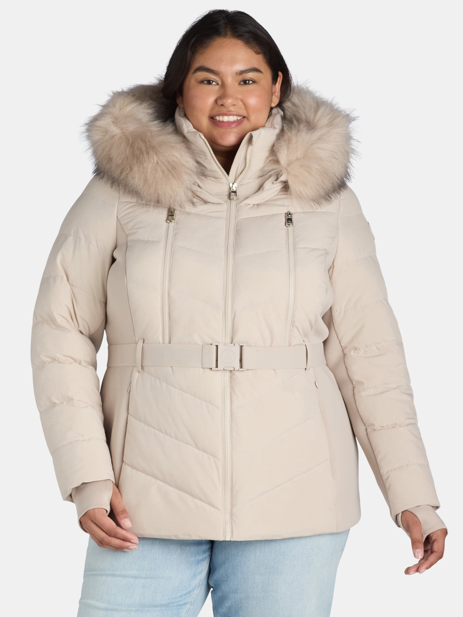 F.O.G. Women's and Women's Plus Belted Puffer with Faux Fur Hood, Sizes ...