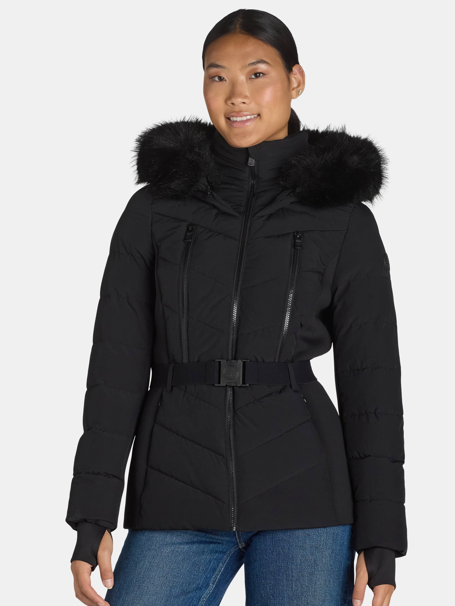 F.O.G. Women's and Women's Plus Belted Puffer with Faux Fur Hood, Sizes ...