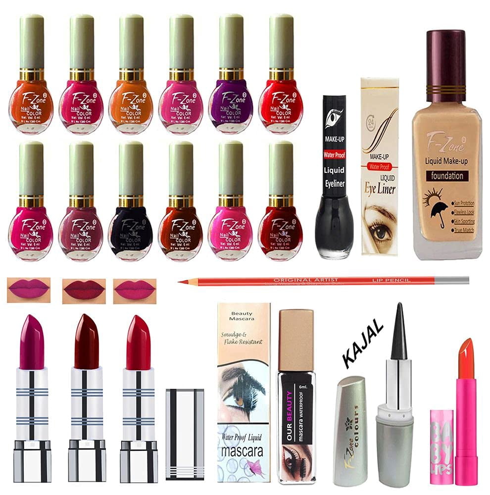 F Zone Makeup kit With 12 Nail Polish Eye Liner Foundation 3 Lipstick ...