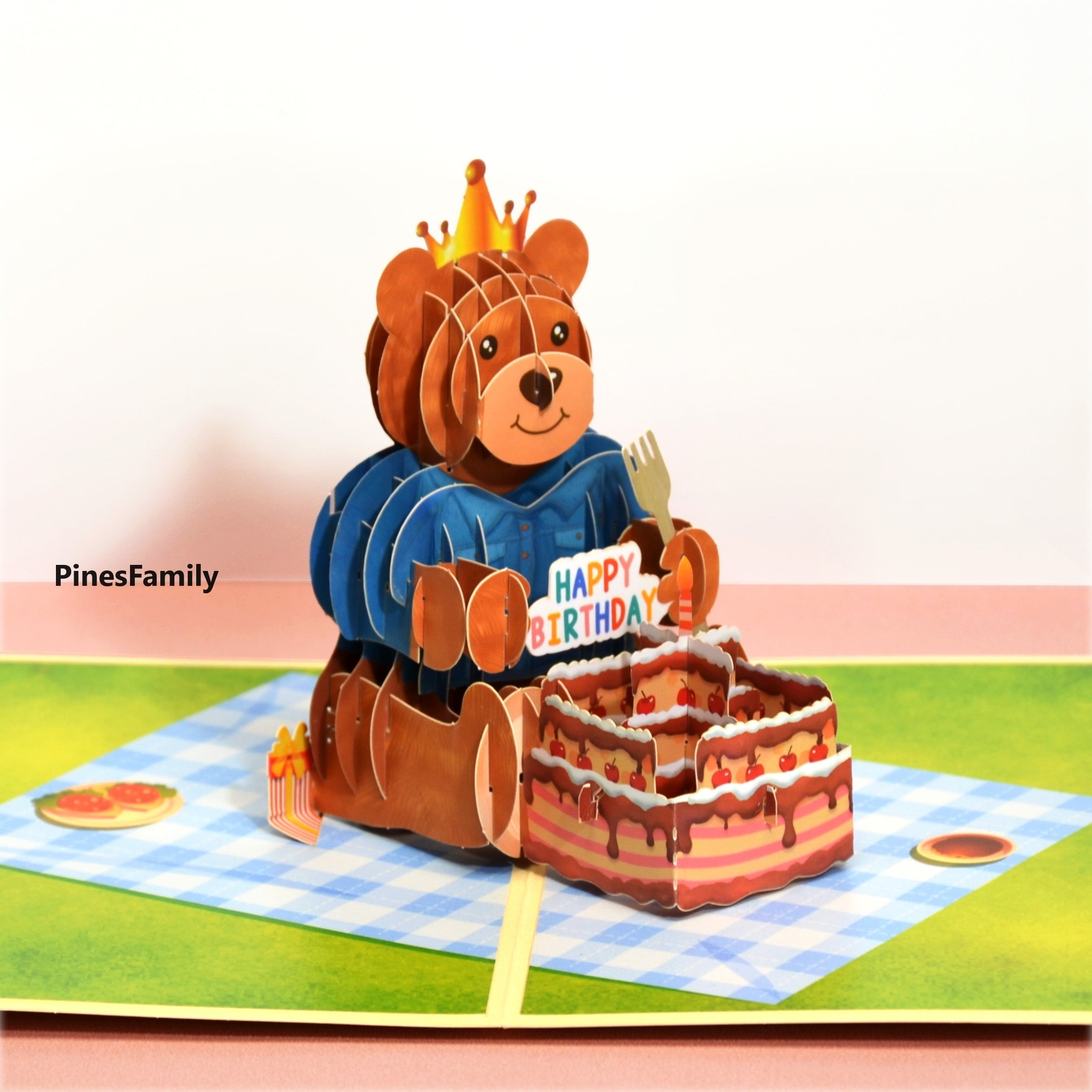 F08-Adorable 3D Pop-Up Birthday Card: Cute Brown Bear Birthday ...