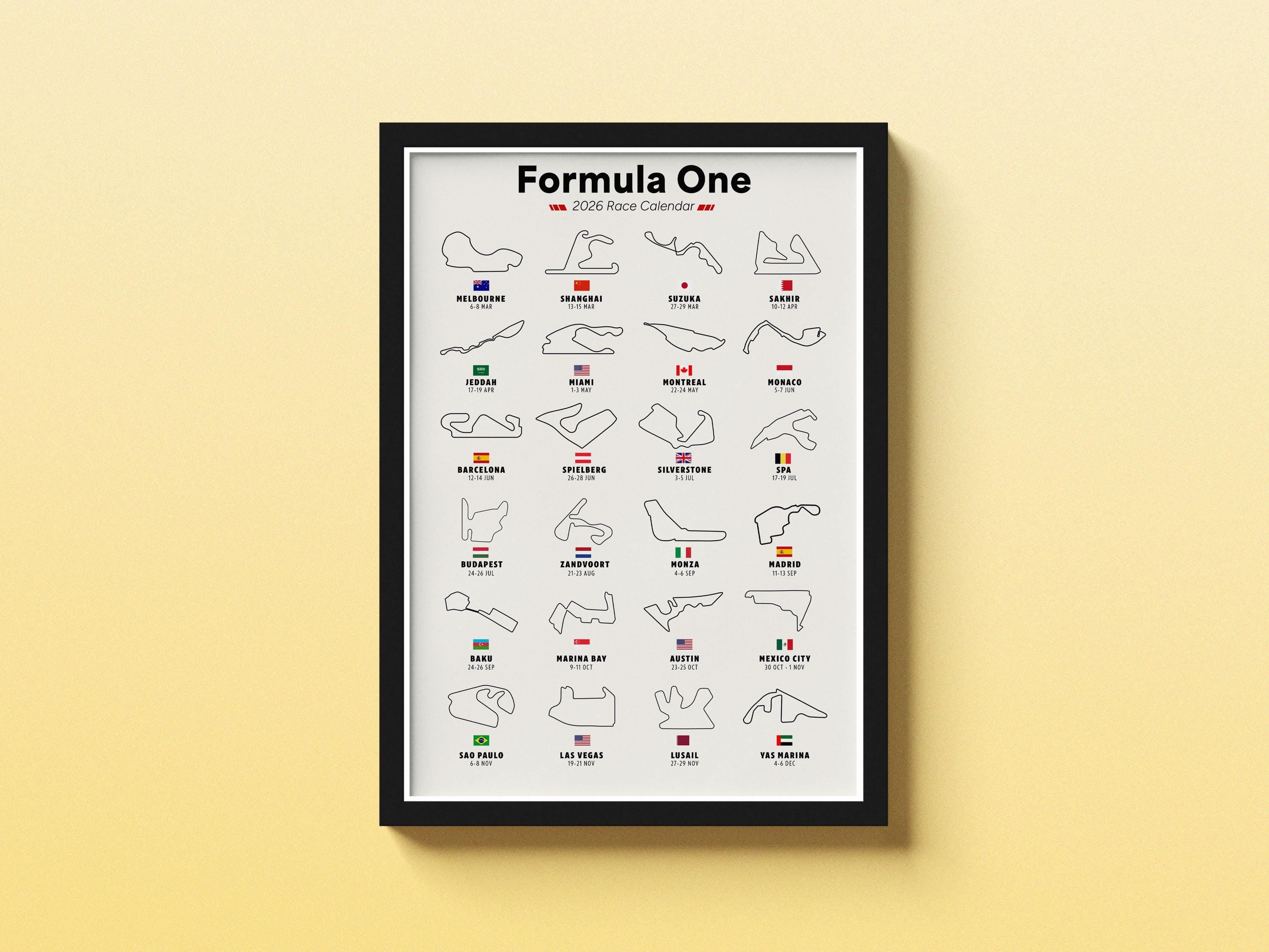 F1 2026 Calendar Print | Formula One Grand Prix Schedule Poster ...