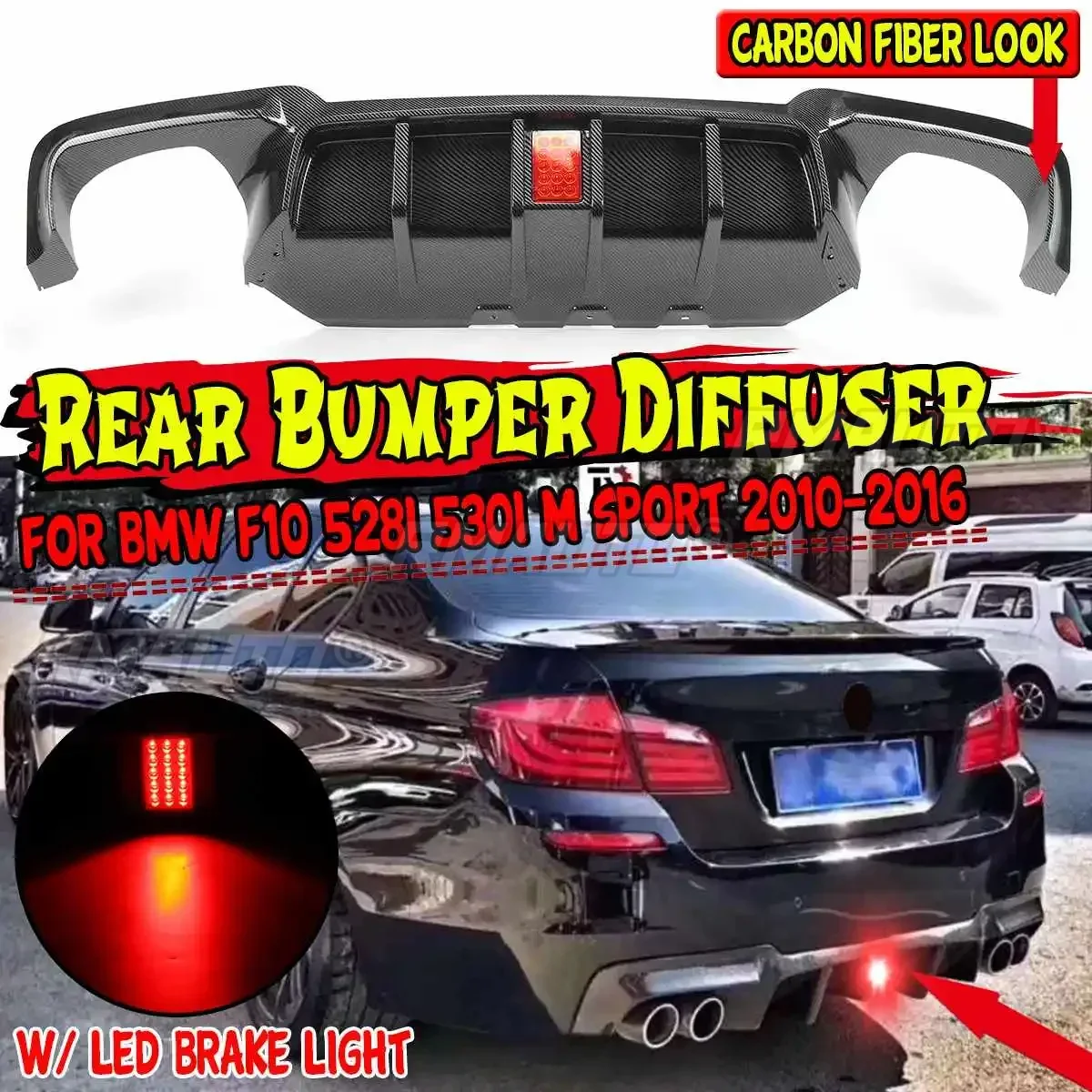 F10 Car Rear Bumper Diffuser Lip W/ Led Brake Light For BMW F10 528i ...