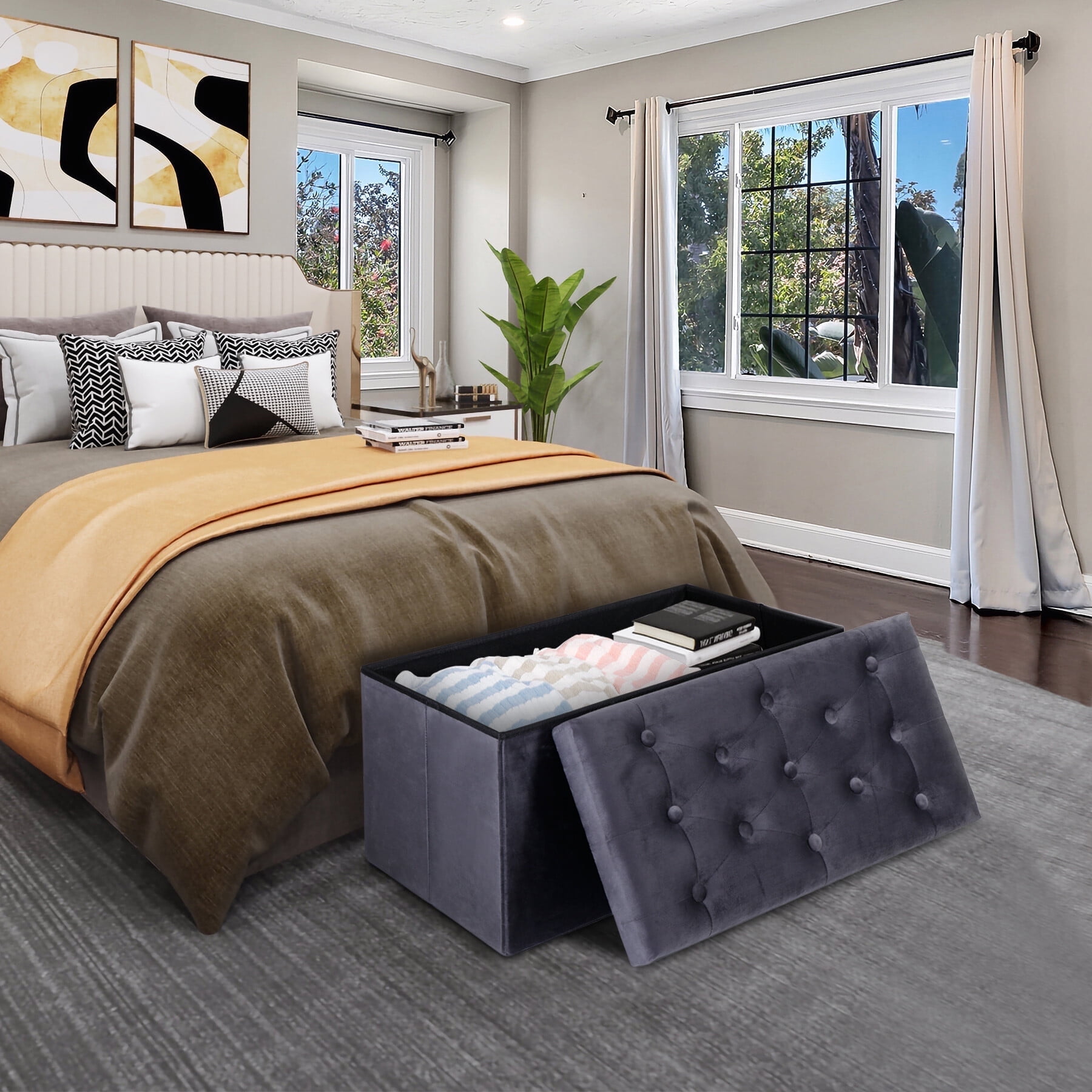 F2C 31.5-in Folding Storage Ottoman Bench Velvet Footrest Bed Bench ...