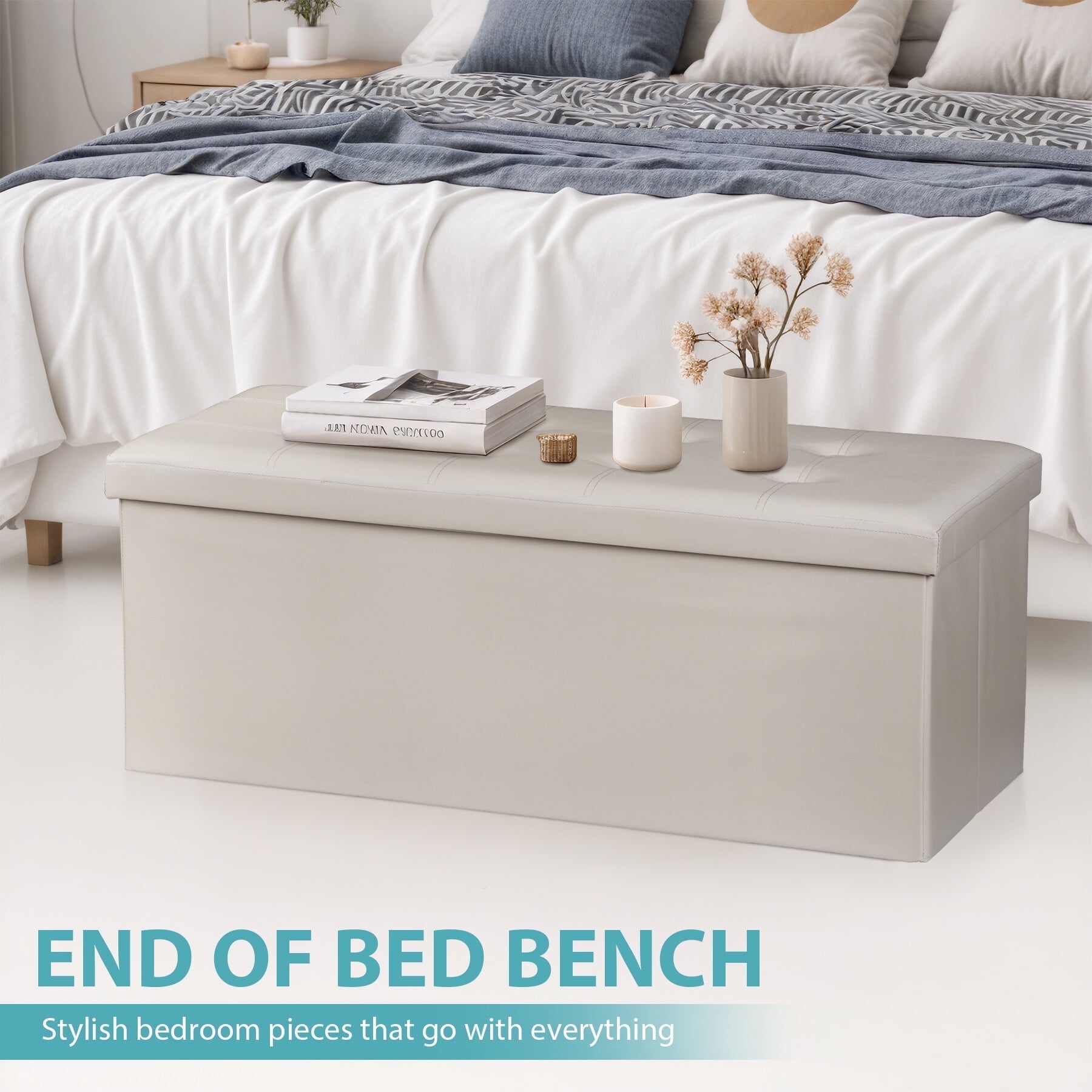 F2C 43-in Folding Ottoman Bench Faux Leather Storage Chest Footrest Stool Bed Bench, Load 660lbs ...