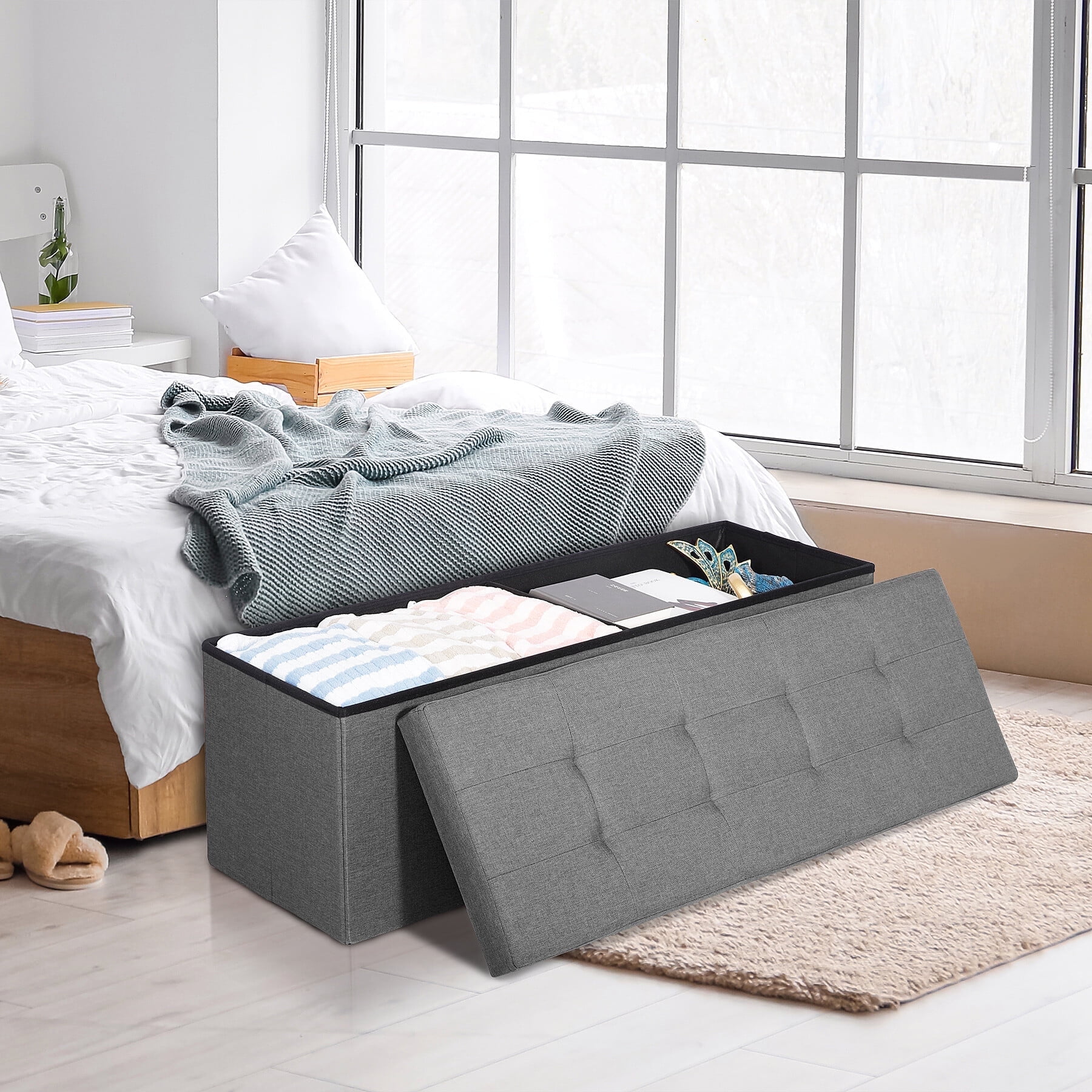 F2C 43-in Folding Ottoman Bench Linen Storage Chest Footrest Bed Bench ...