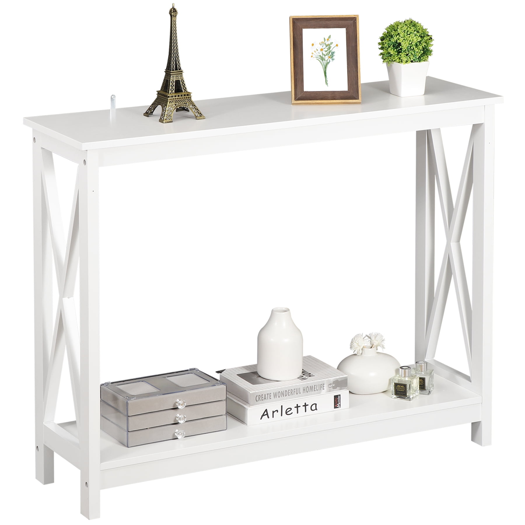 F2C Narrow Console Table 2 Tier Wooden Sofa Side Table Modern Entryway Table W/ Storage, White ...