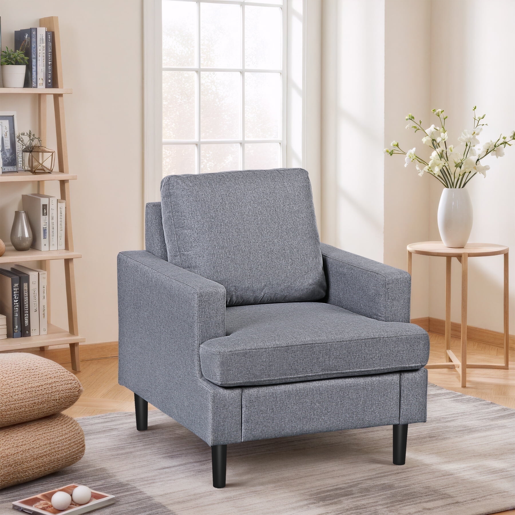 Segawe Upholstered Accent Armchair Linen Adult Single Sofa Chair Wooden ...