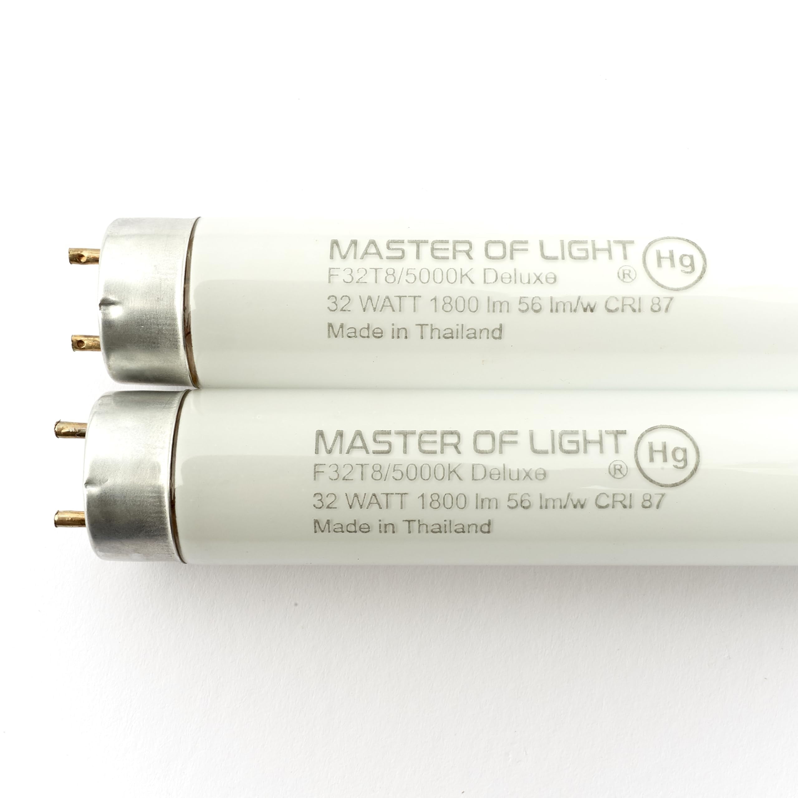 Master of Light F32T8 Bright White Fluorescent Tubes, 2-Pack, 48-Inch, 32W, 5000K, 1800 Lumens ...