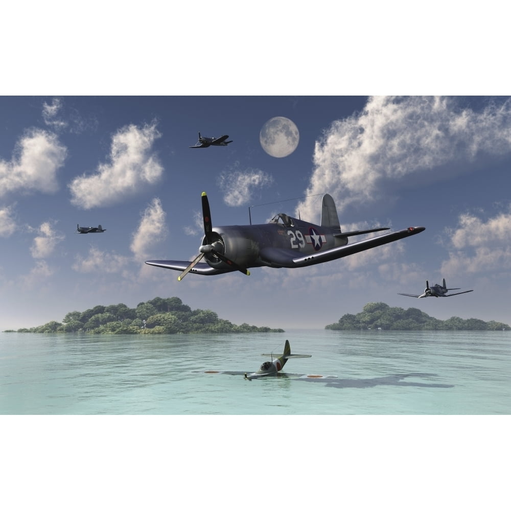 F4U Corsairs flying over a shot down Japanese Nakajima Ki-84 fighter ...