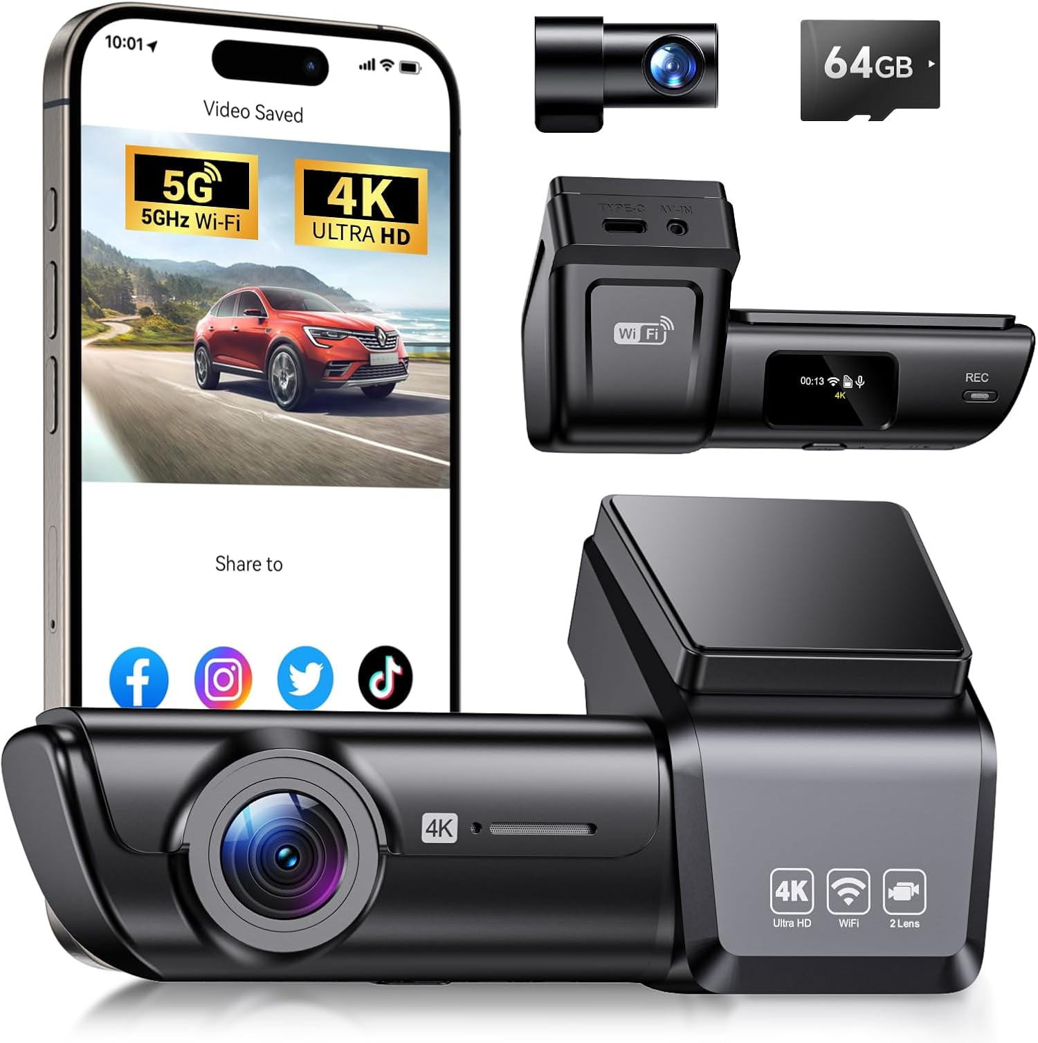 F8 Camera Dash Cam Front and Rear, 4K+1080P 170? Wide Angle Dual Dash ...