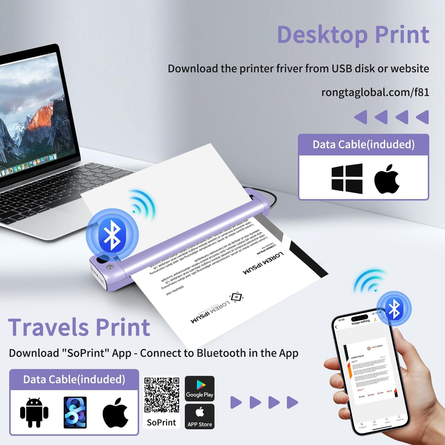 F81 Portable Printer, F81 Bluetooth&WiFi Inkless Thermal Printer ...