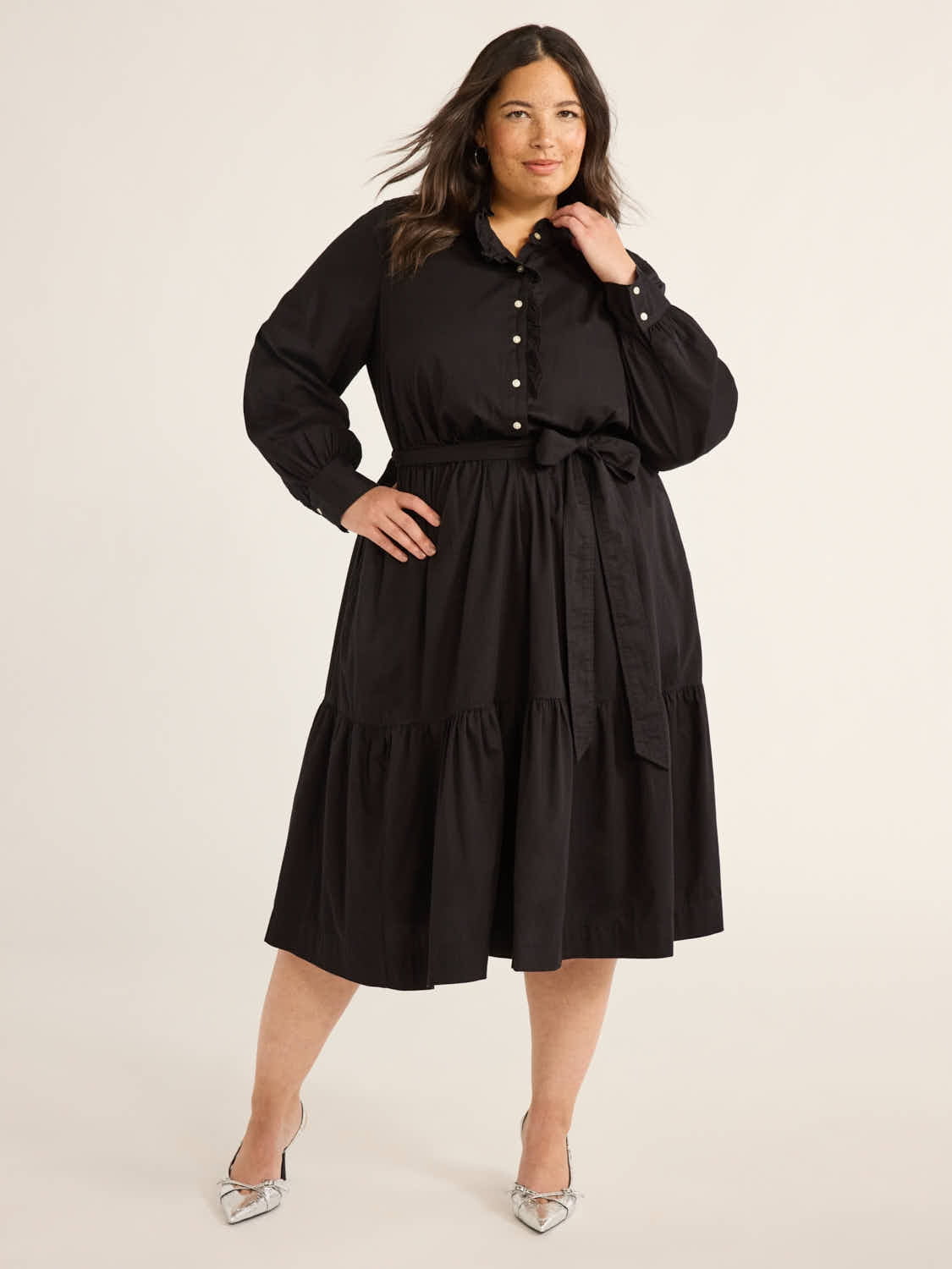 Free Assembly Women’s and Women's Plus Cotton Ruffle Midi Dress with Long Sleeves, Sizes XS-4X ...