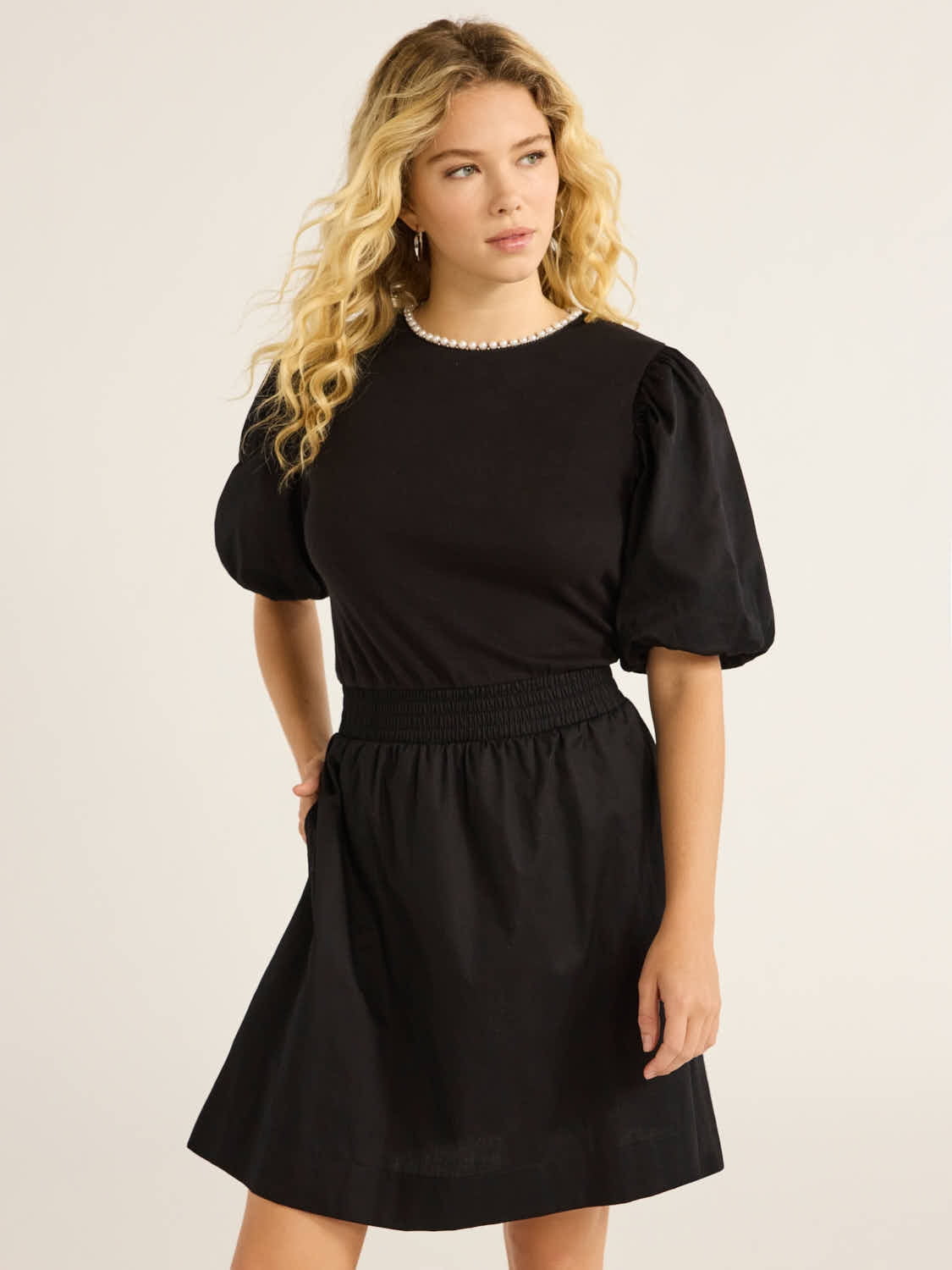 Free Assembly Women's Cotton Mixy Mini Dress with Beads and Puff ...