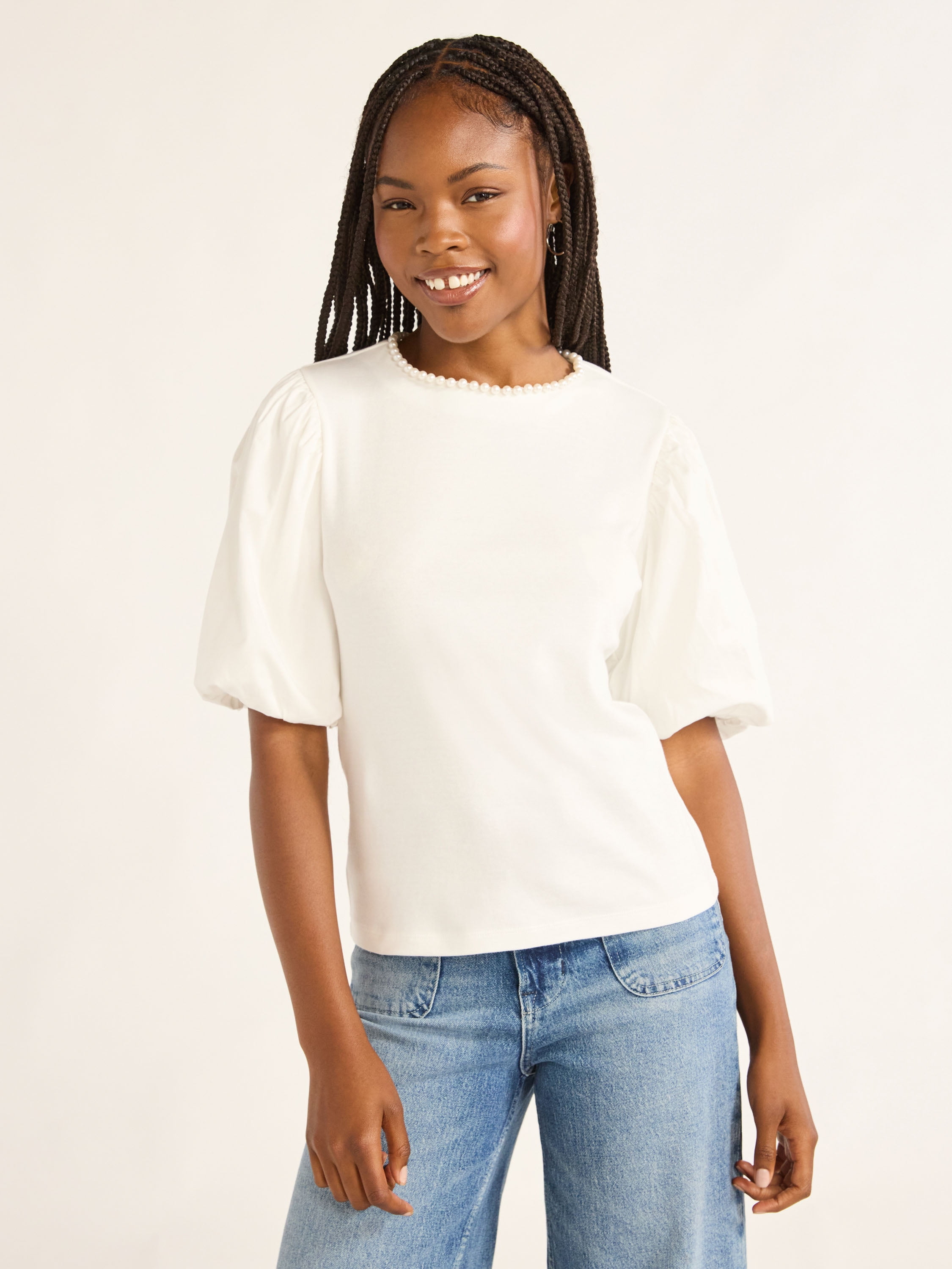 Free Assembly Women's and Women's Plus Cotton Mixy Top with Beaded Trim ...