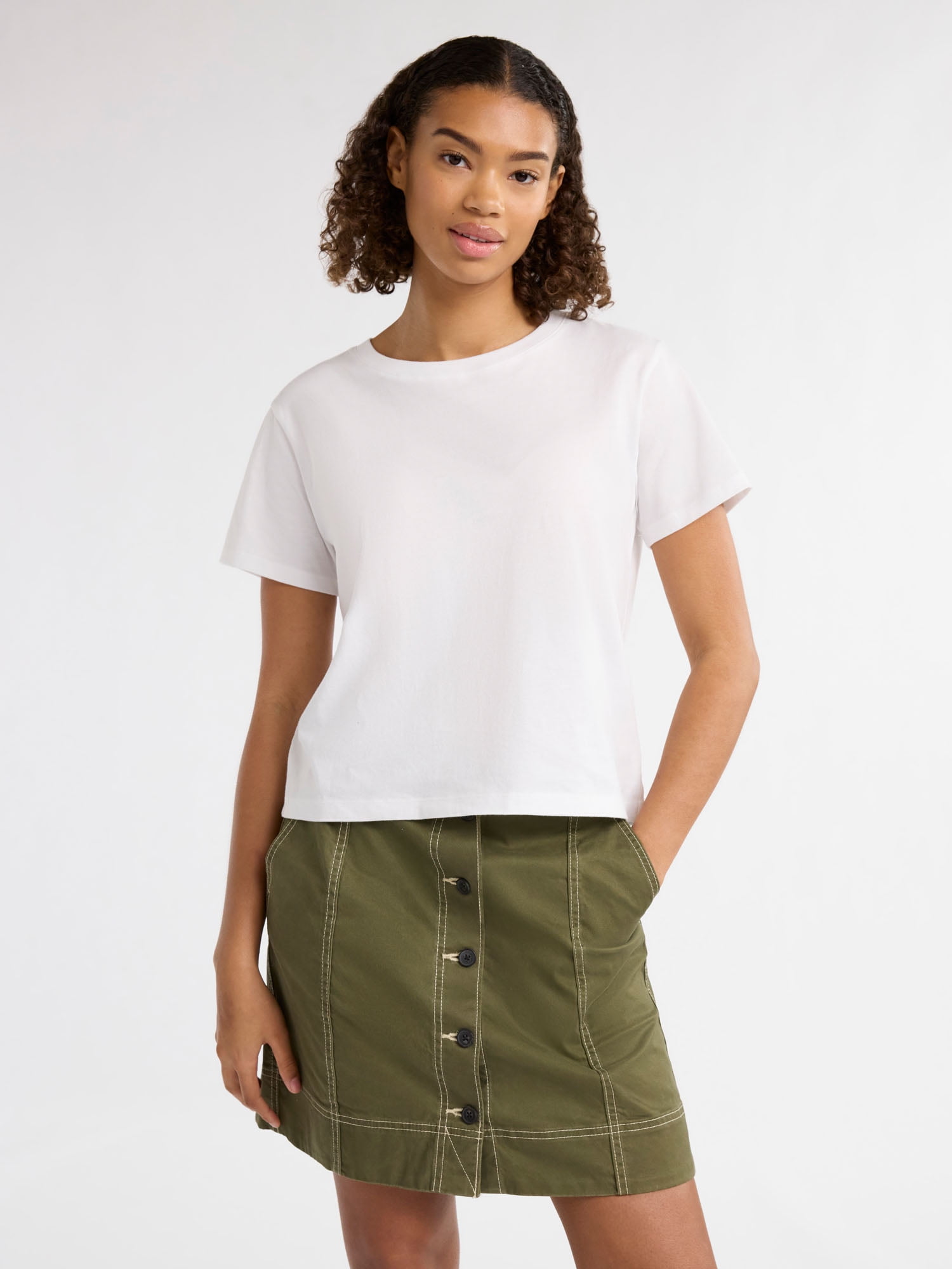 Free Assembly Women's Cotton Cropped Boxy Tee with Short Sleeves, Sizes ...