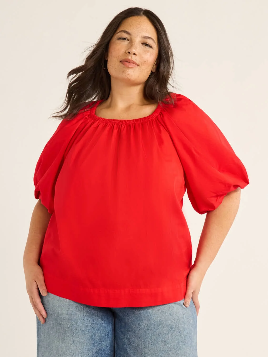 Free Assembly Women’s and Women's Plus Cotton Blouse with Short Puff ...