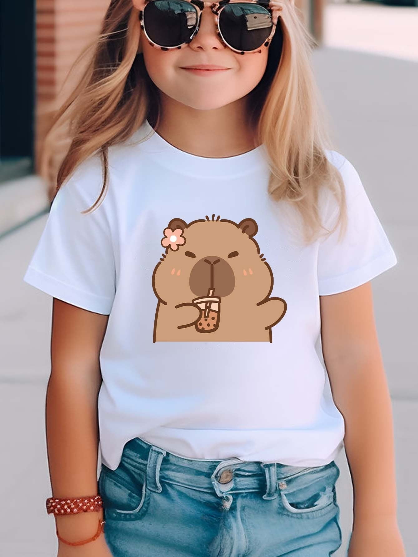 FA536 Cute capybara, Letter Graphics Printed t shirt for girl Kids ...