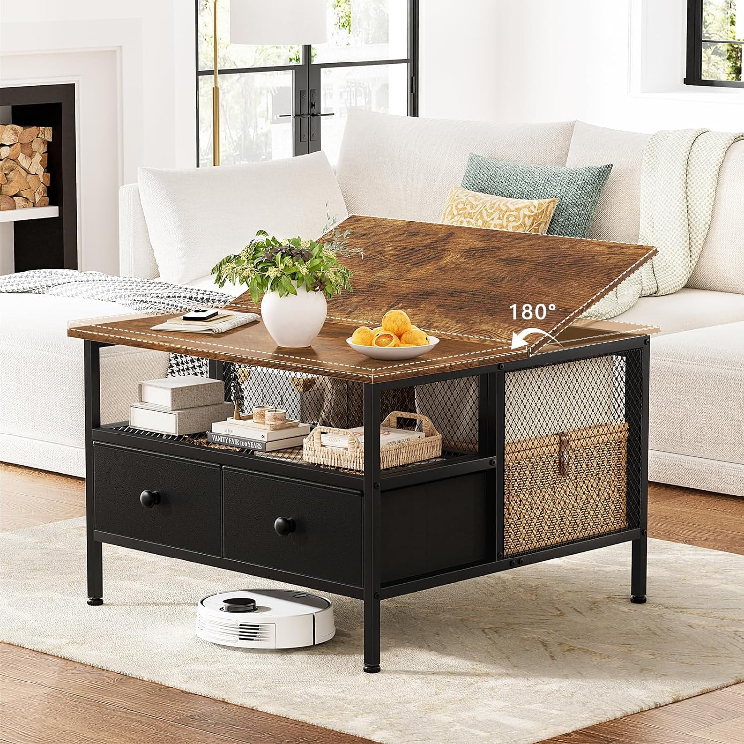 FABATO Flip Top Coffee Table, Square Coffee Tables Metal Wood ...