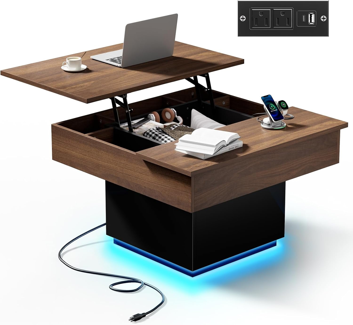 FABATO Lift Top Coffee Table with LED Light and Charging Station, 31.5 ...