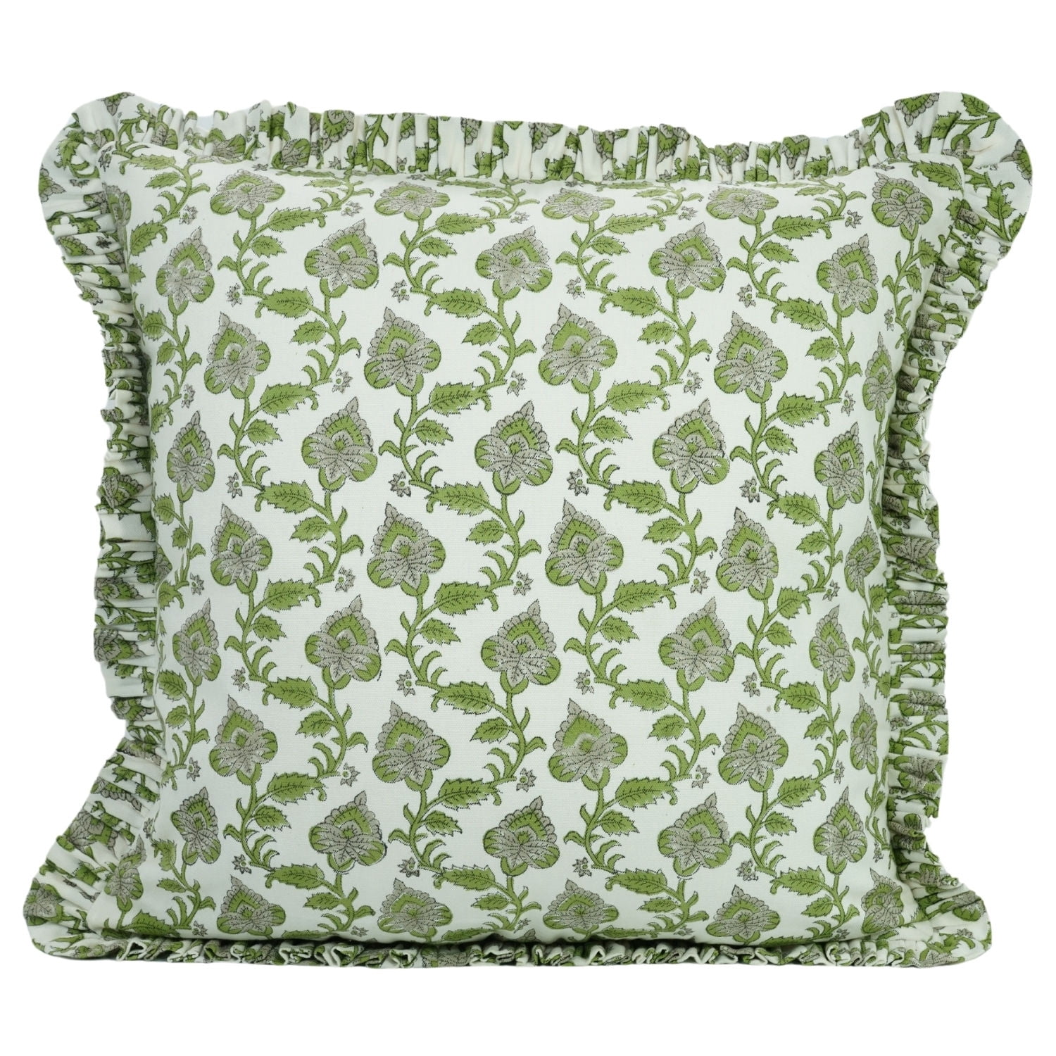 FABDIVINE- Green floral block print cushion cover, frill pillow for ...