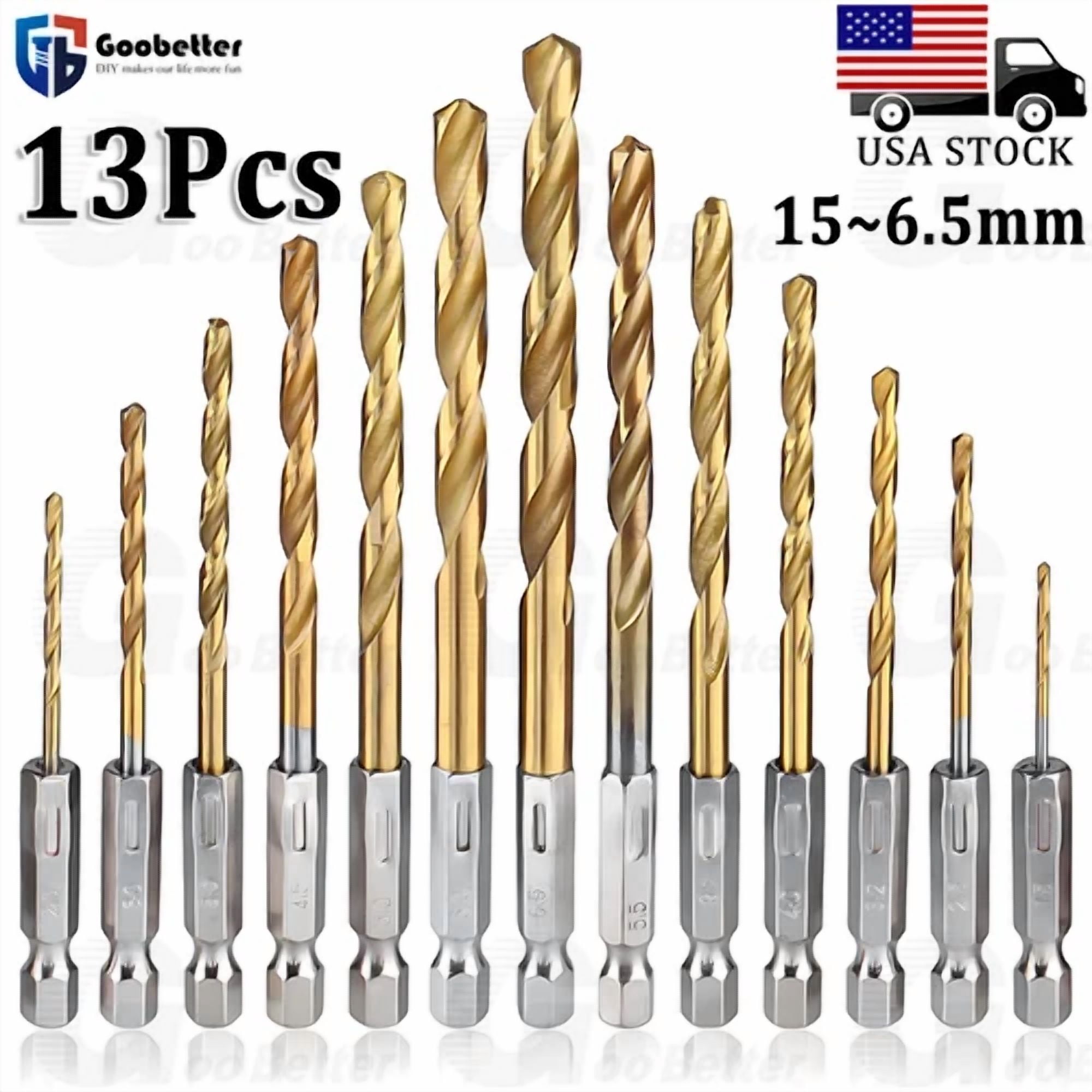 FABLE- 13Pcs Titanium Coated Hss Steel Drill Bits Metal Wood Plastic 1/ ...