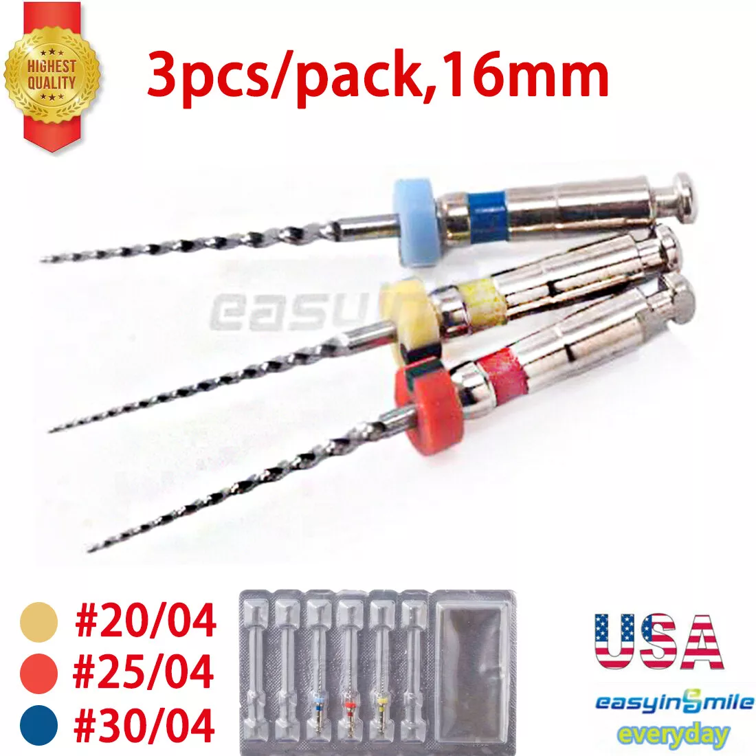 FABLE- 3Pcs Dental Kid Root Canal File 04 Taper X-Baby Endo Rotary Endodontic File 16Mm ...