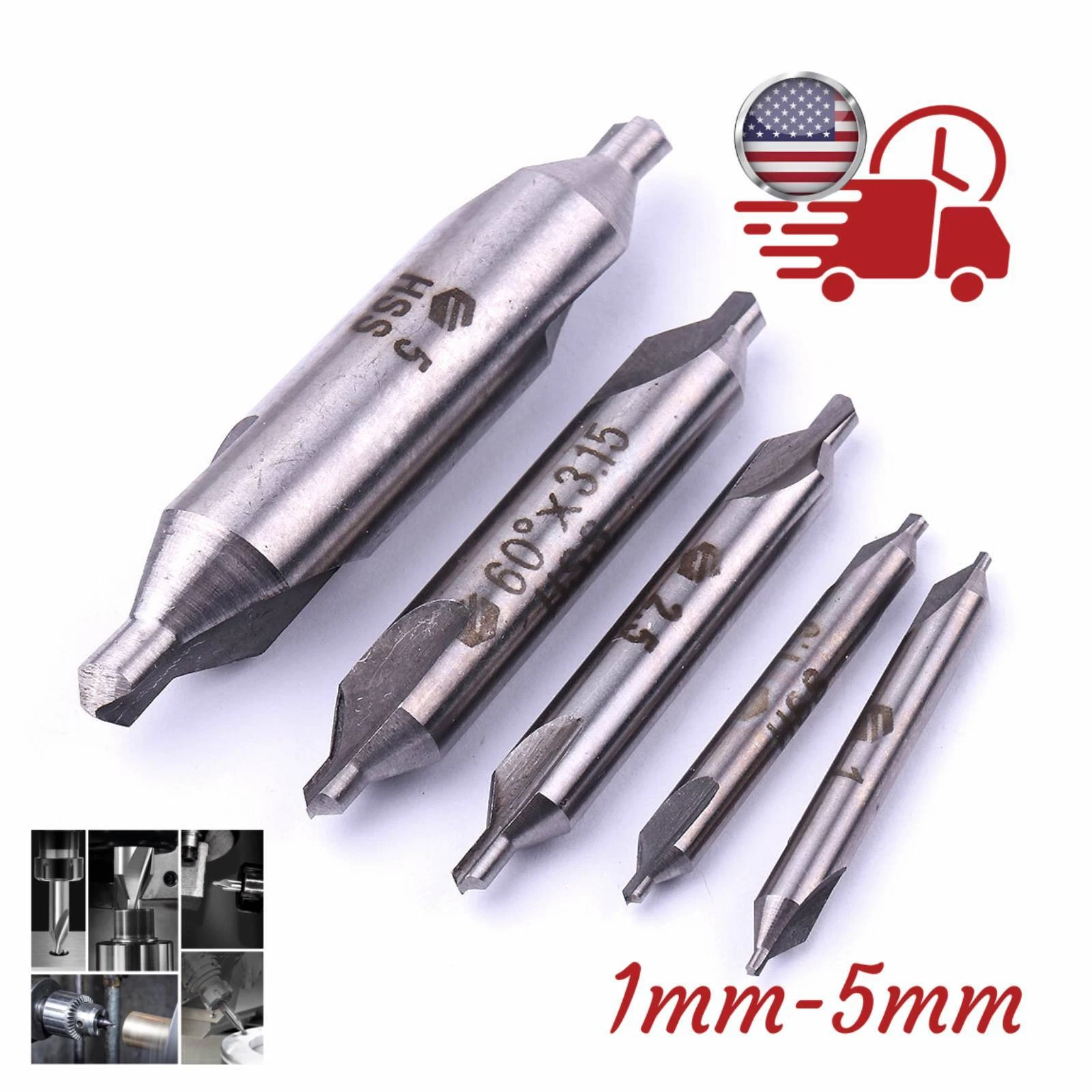FABLE- 5Pc Hss Center Drill Bits Set #1-5 - 60° Angle For Lathe ...