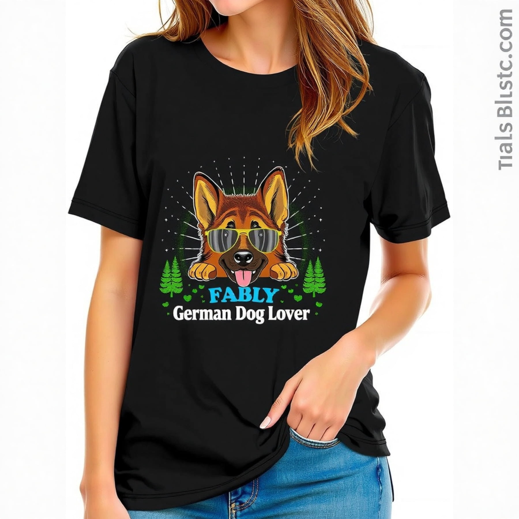 FABLY German Dog Lover T-Shirt Fun Graphic Tee with Sunglasses & Pine ...