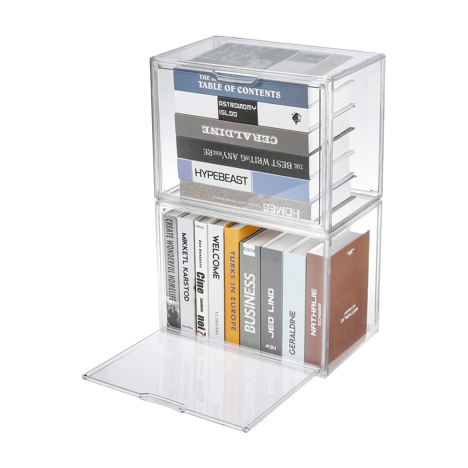 FABROK 2Pcs Clear Book Storage Organizer Box, Plastic Stackable Book ...