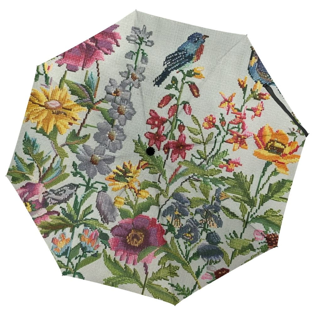 FACANNAP Flowers Bird Embroidery Three-Fold Automatic Portable Umbrella ...