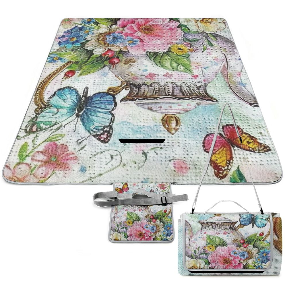 FACANNAP Flowers, Butterflies Square Outdoor Picnic Mat Sand Proof and ...