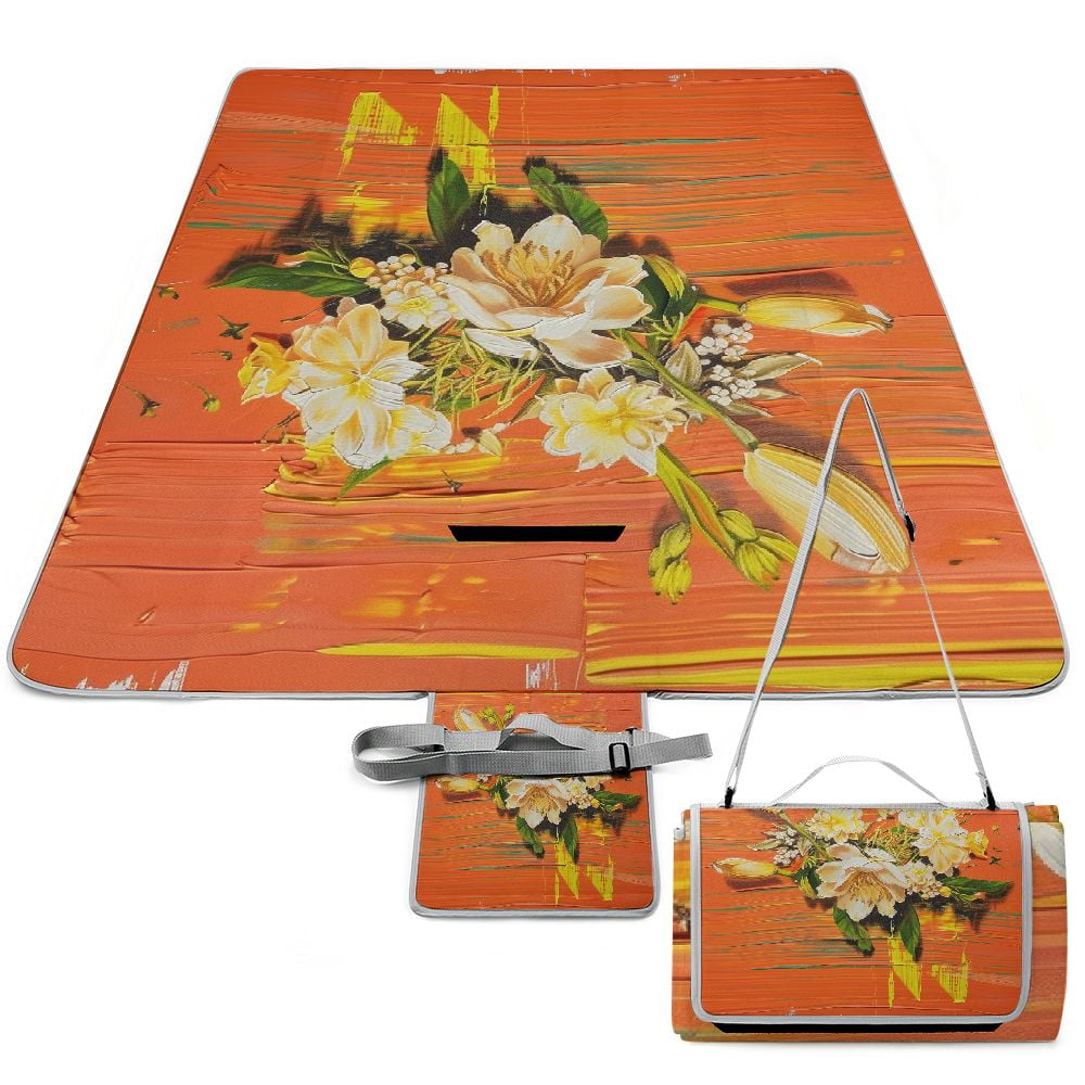 FACANNAP Flowers Orange Square Outdoor Picnic Blanket Waterproof for ...