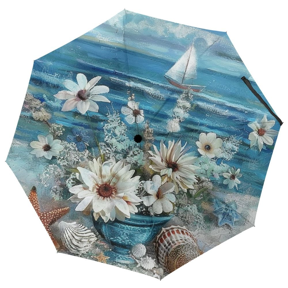 FACANNAP Flowers Starfish Sailboat 3-Fold Umbrella Automatic Open Close for Outdoor Rain and Sun ...