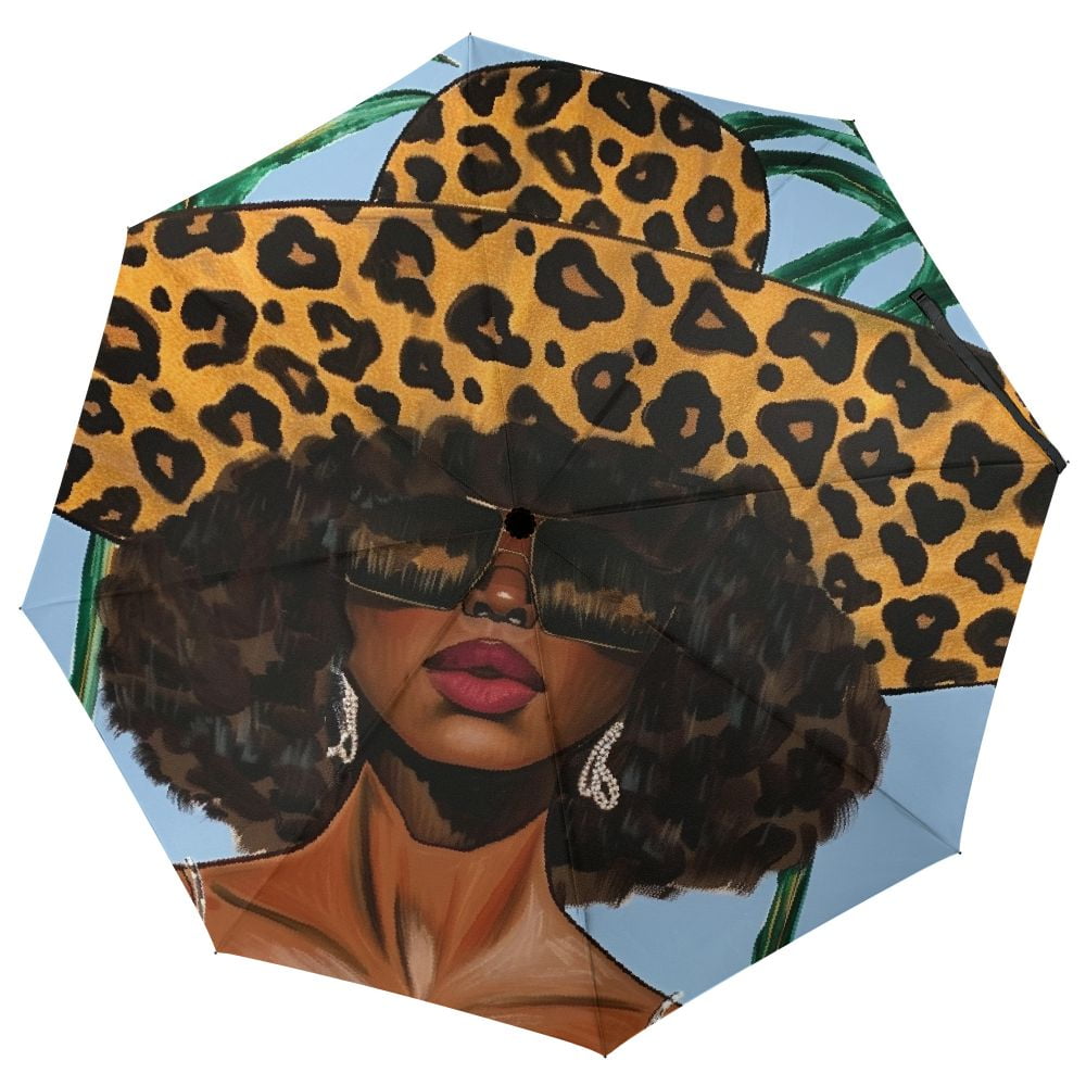 FACANNAP Leopard Print Palm Tree Three-Fold Automatic Umbrella for ...