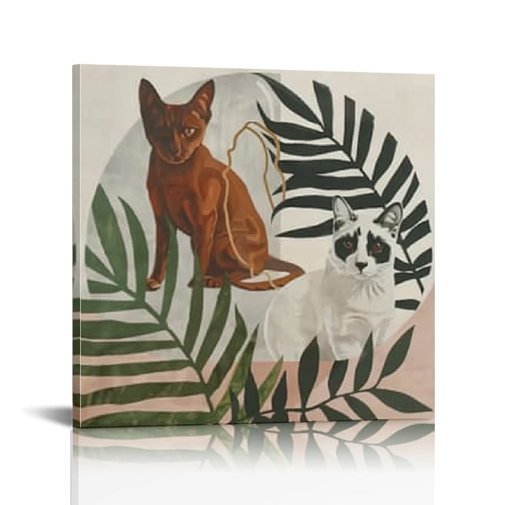 FACANNAP Minimalist Boho Cat Wall Art Mid Century Cat And Plant Leaf ...